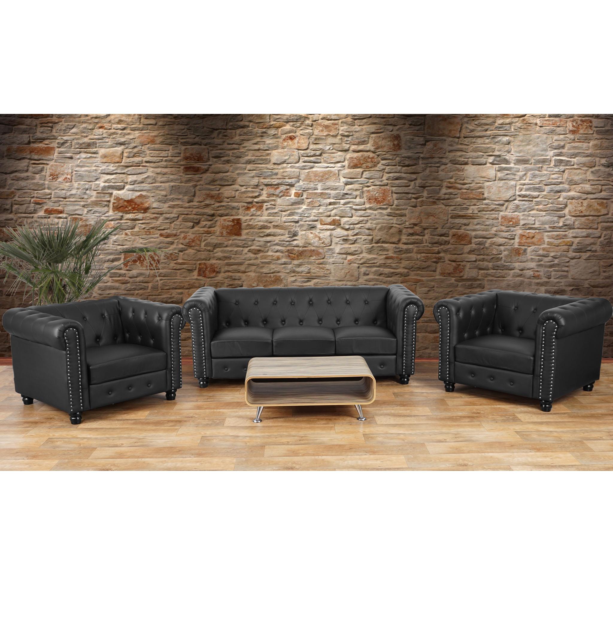 Set 3 divani CHESTER, in pelle, gambe tornite, nero - sediadaufficio.it